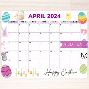EDITABLE Purple April 2024 Calendar, Printable Happy Easter Calendar ...