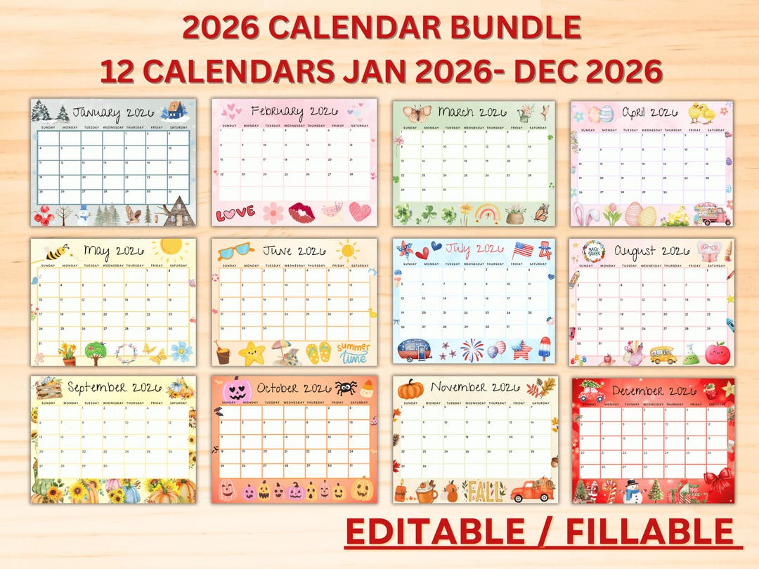 Editable 2026 Calendar Bundle- Printable January Calendar 2026- Cute ...