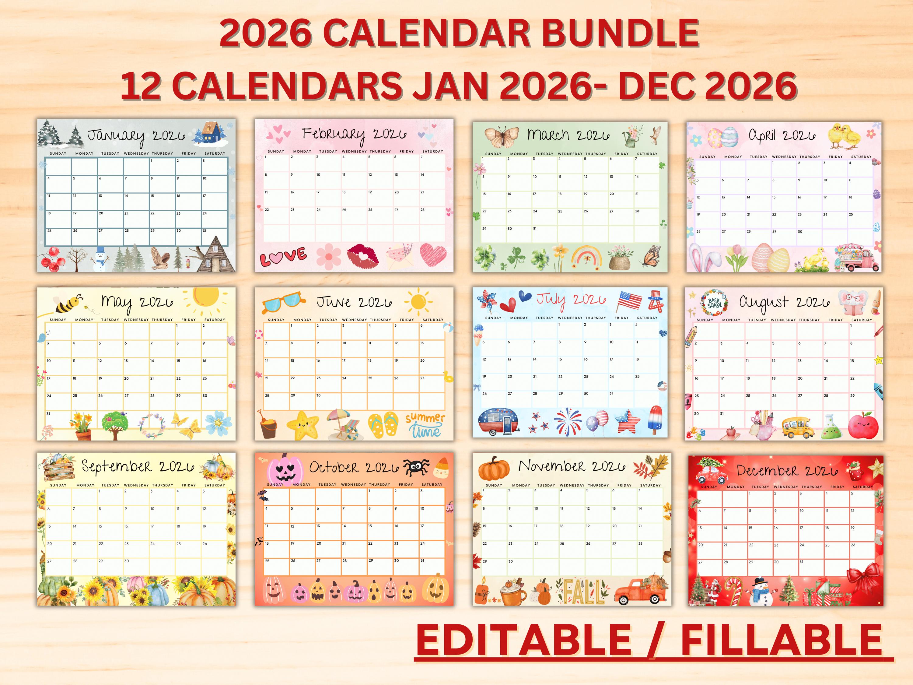 Editable 2026 Calendar Bundle- Printable January Calendar 2026- Cute ...