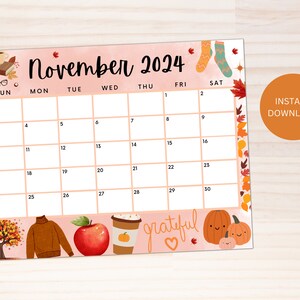 Editable November 2024 Calendar, Printable Wall Calendar 2024, Grateful ...