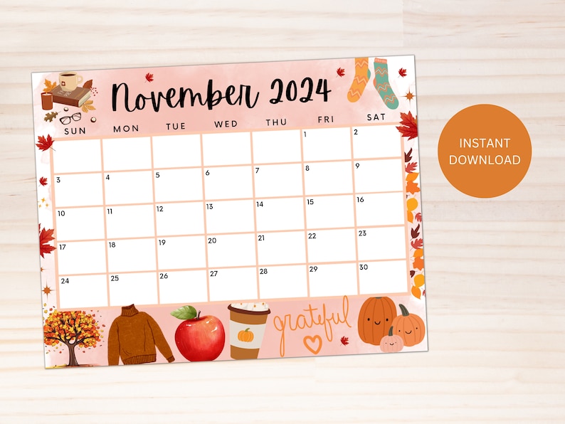 Editable November 2024 Calendar, Printable Wall Calendar 2024, Grateful ...
