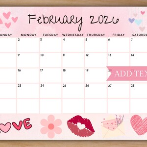 Editable February 2026 Calendar, Printable Valentine's Day Calendar ...