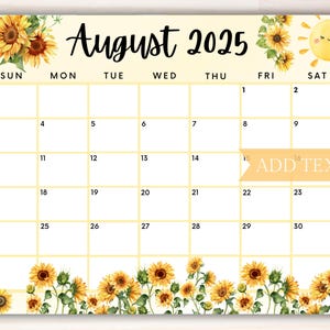 EDITABLE August 2025 Calendar, Printable Calendar 2025, Sunflowers ...
