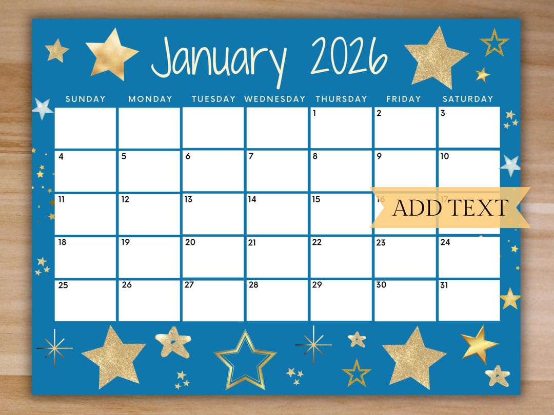 Editable January 2026 Calendar, Printable Blue and Gold Stars Calendar ...