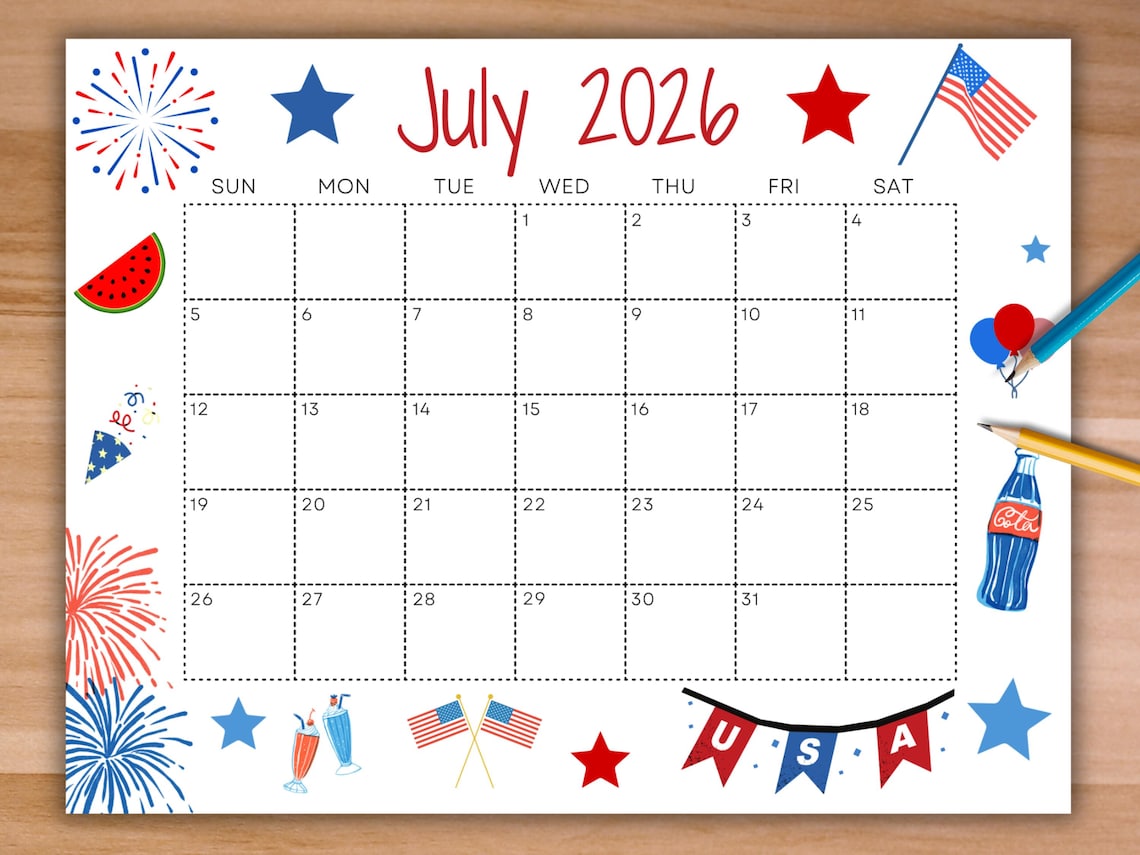 Printable July 2026 Calendar, Editable Summer Calendar, Fourth of July ...