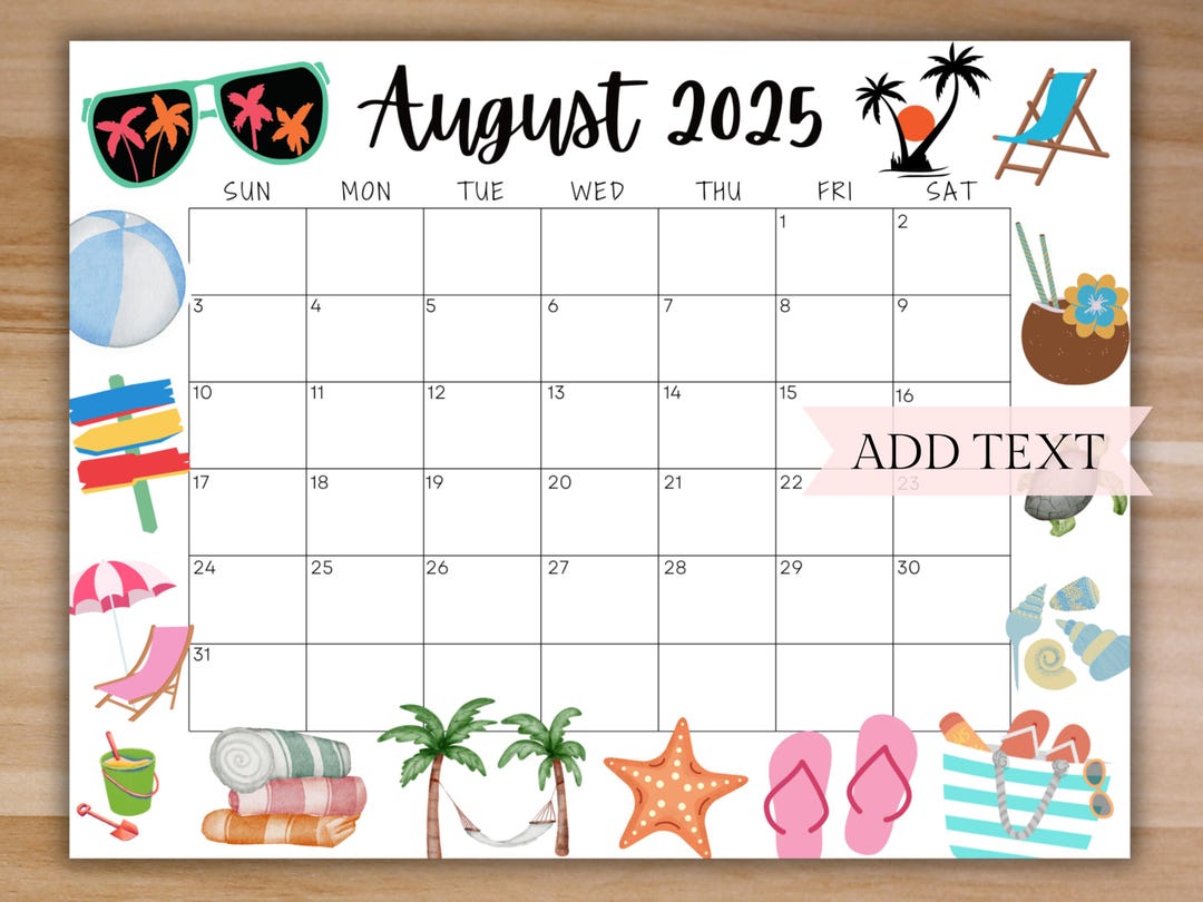 EDITABLE August 2025 Calendar, Printable Summer Calendar, Kids Calendar ...