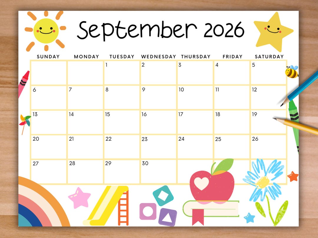 Editable September 2026 Calendar, Printable Calendar W/ Sunny School ...
