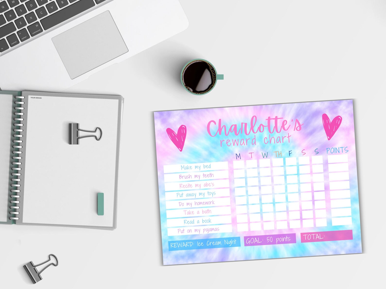 Editable Kids Chore Chart Tie Dye Colors, Kids Tie Dye Reward Chart ...