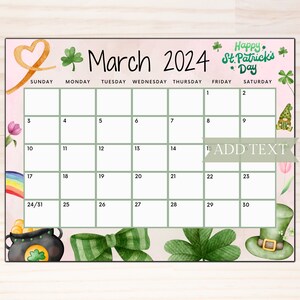 EDITABLE March 2024 Calendar, Printable Wall Calendar 2024, St Patricks ...