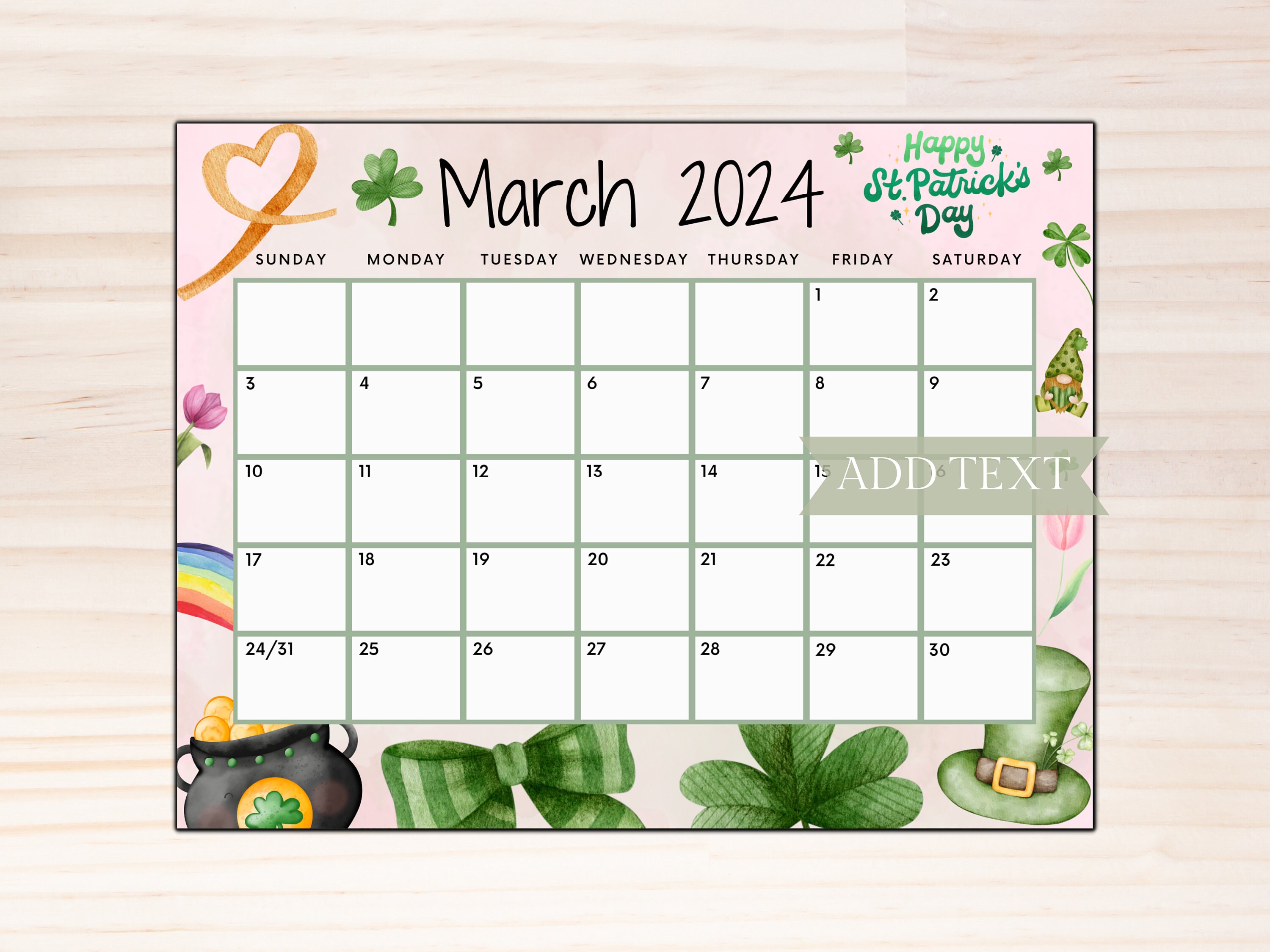 EDITABLE March 2024 Calendar, Printable Wall Calendar 2024, St Patricks ...