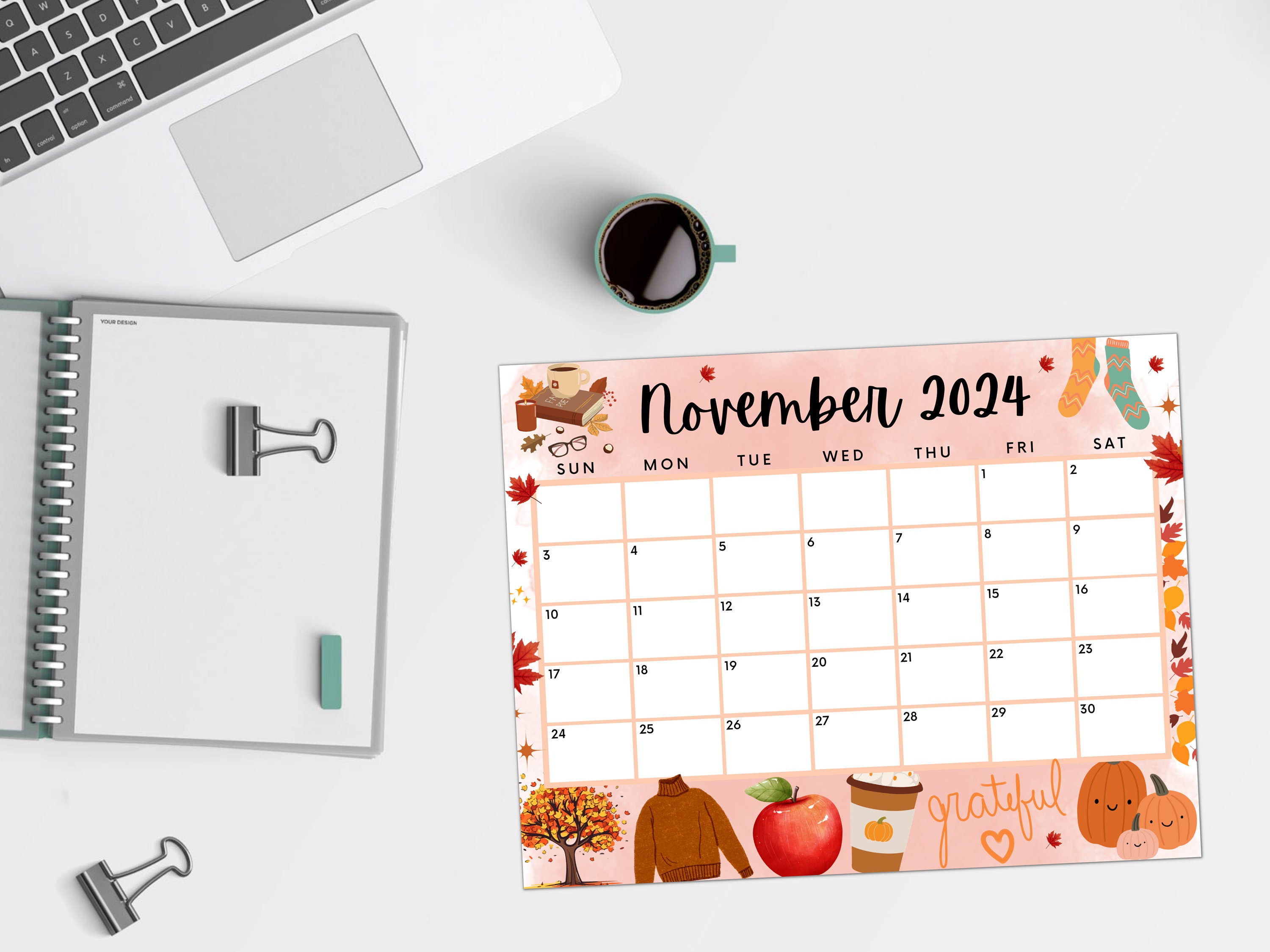 Editable November 2024 Calendar, Printable Wall Calendar 2024, Grateful ...