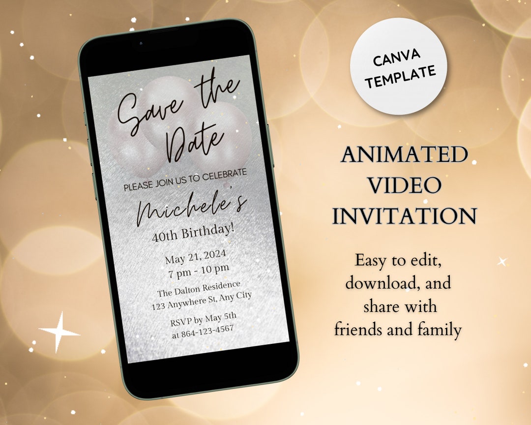 Digital Save the Date Birthday Invite Silver Glitter- Editable Animated ...