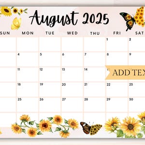 EDITABLE August 2025 Calendar, Printable Calendar W/ Butterfly ...