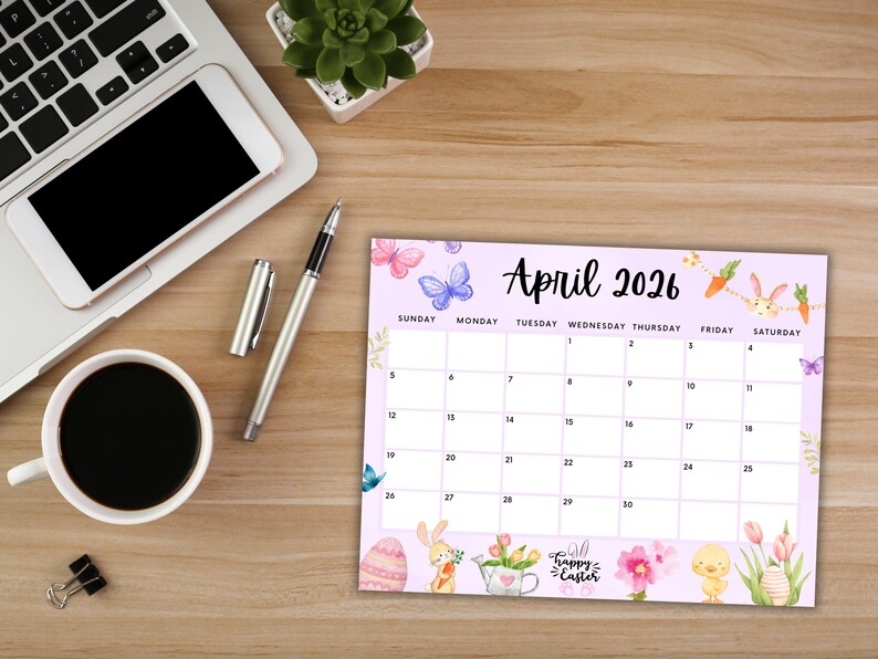 EDITABLE April 2026 Calendar, Printable Calendar, Happy Easter, Spring ...