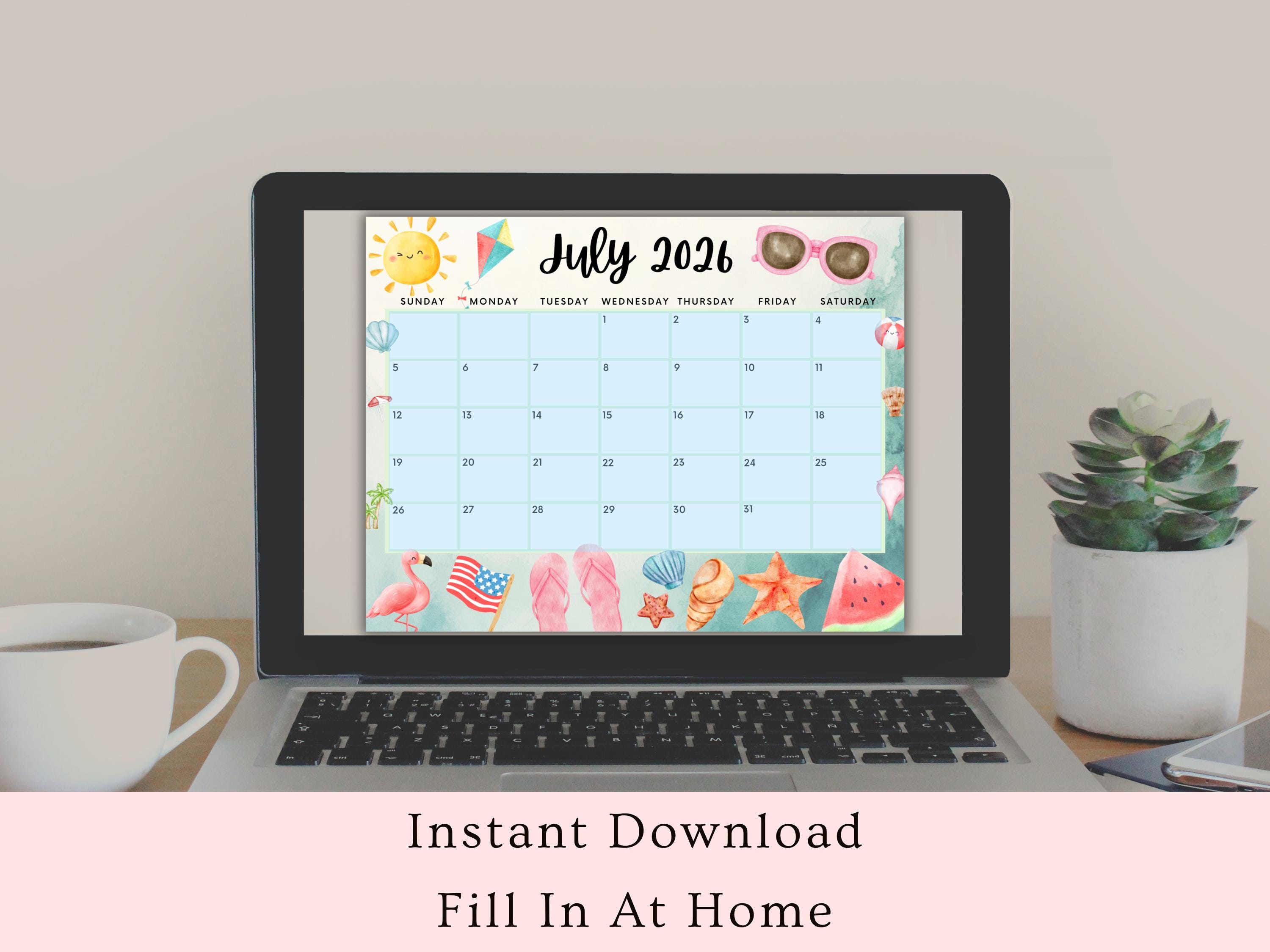 Editable July 2026 Calendar, Printable July Planner W/ Summer Day ...