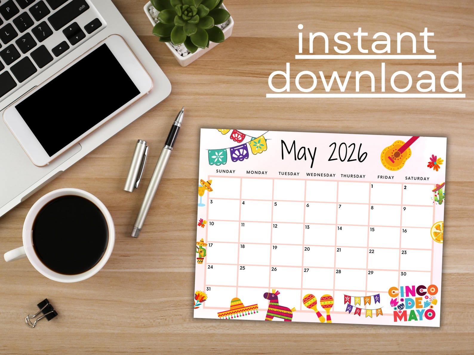 EDITABLE May 2026 Calendar, Printable Cute Pink Cinco De Mayo Calendar ...