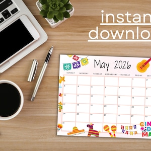 EDITABLE May 2026 Calendar, Printable Cute Pink Cinco De Mayo Calendar ...