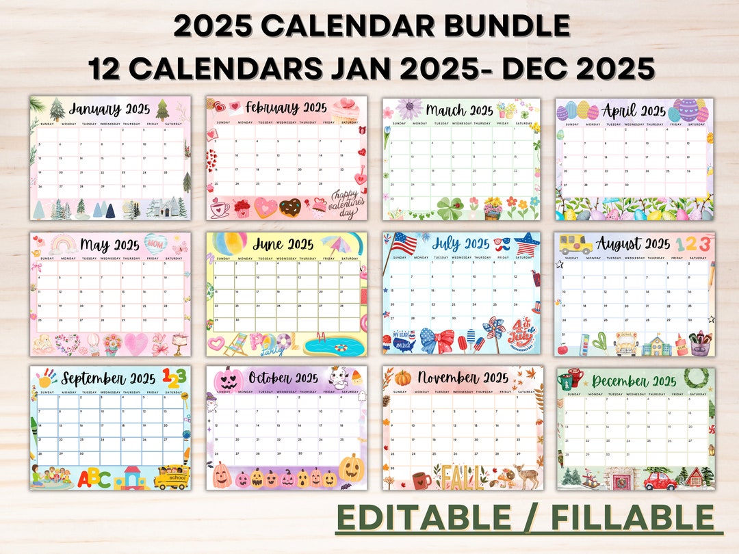 Editable 2025 Calendar Bundle- Printable January Calendar 2025- Kids ...