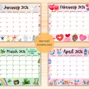 Editable 2026 Monthly Calendars W/ Cute Designs- Printable Fillable ...