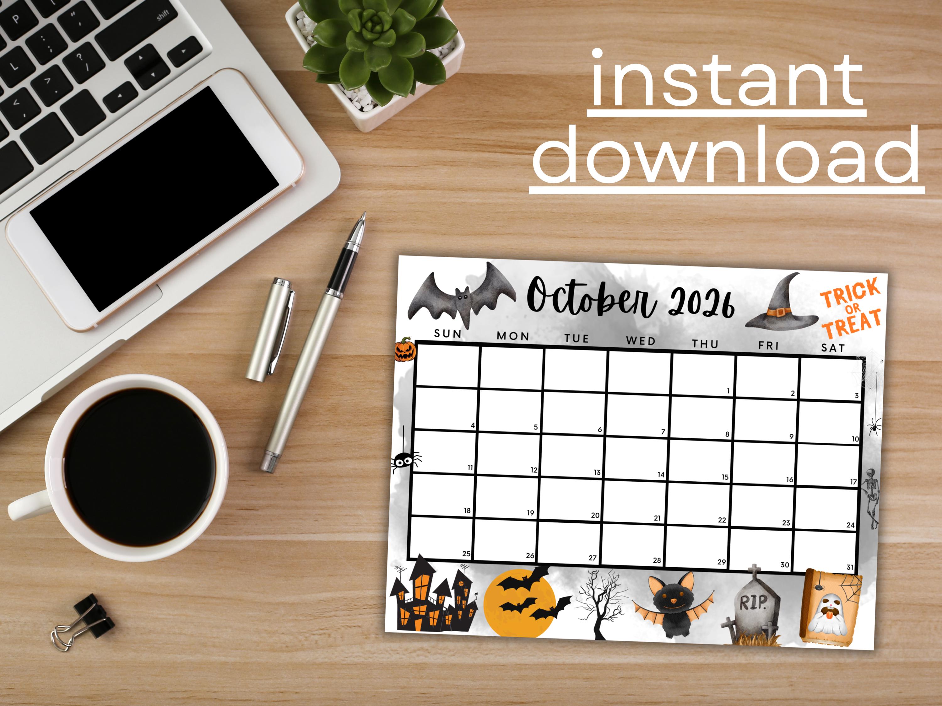 Editable October 2026 Calendar, Printable Spooky Halloween Calendar W ...