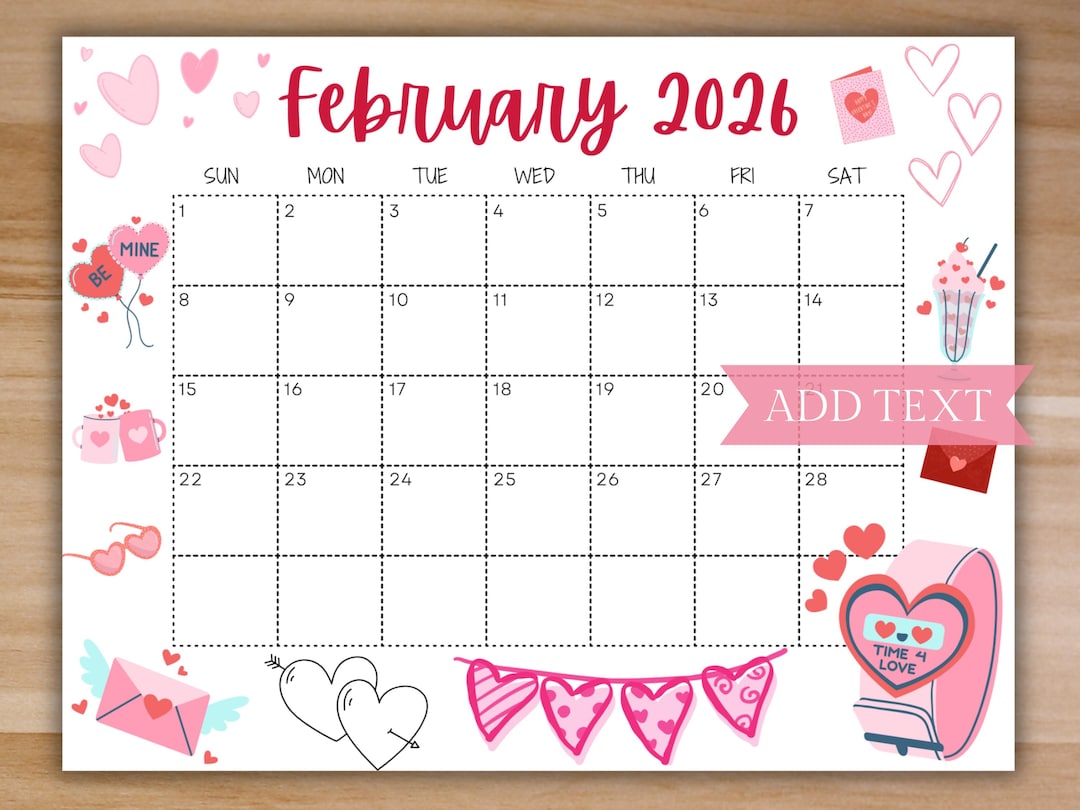 Editable February Calendar 2026, Printable Calendar 2026, Cute Calendar ...