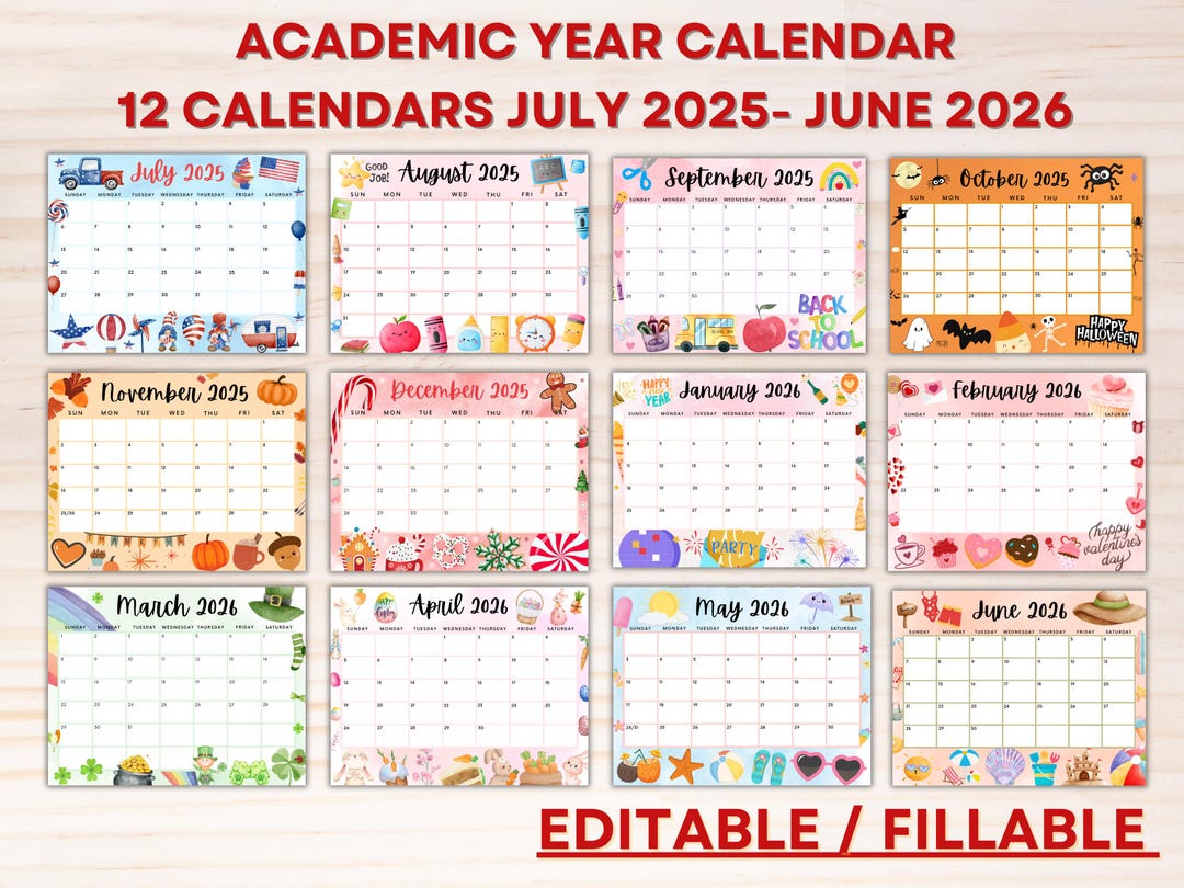 Editable School Calendar 2025-2026 From July to June- Printable Kids ...