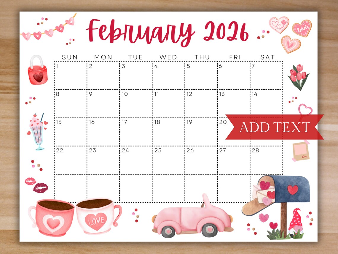 Editable February 2026 Calendar, Cute Printable Valentine's Day ...