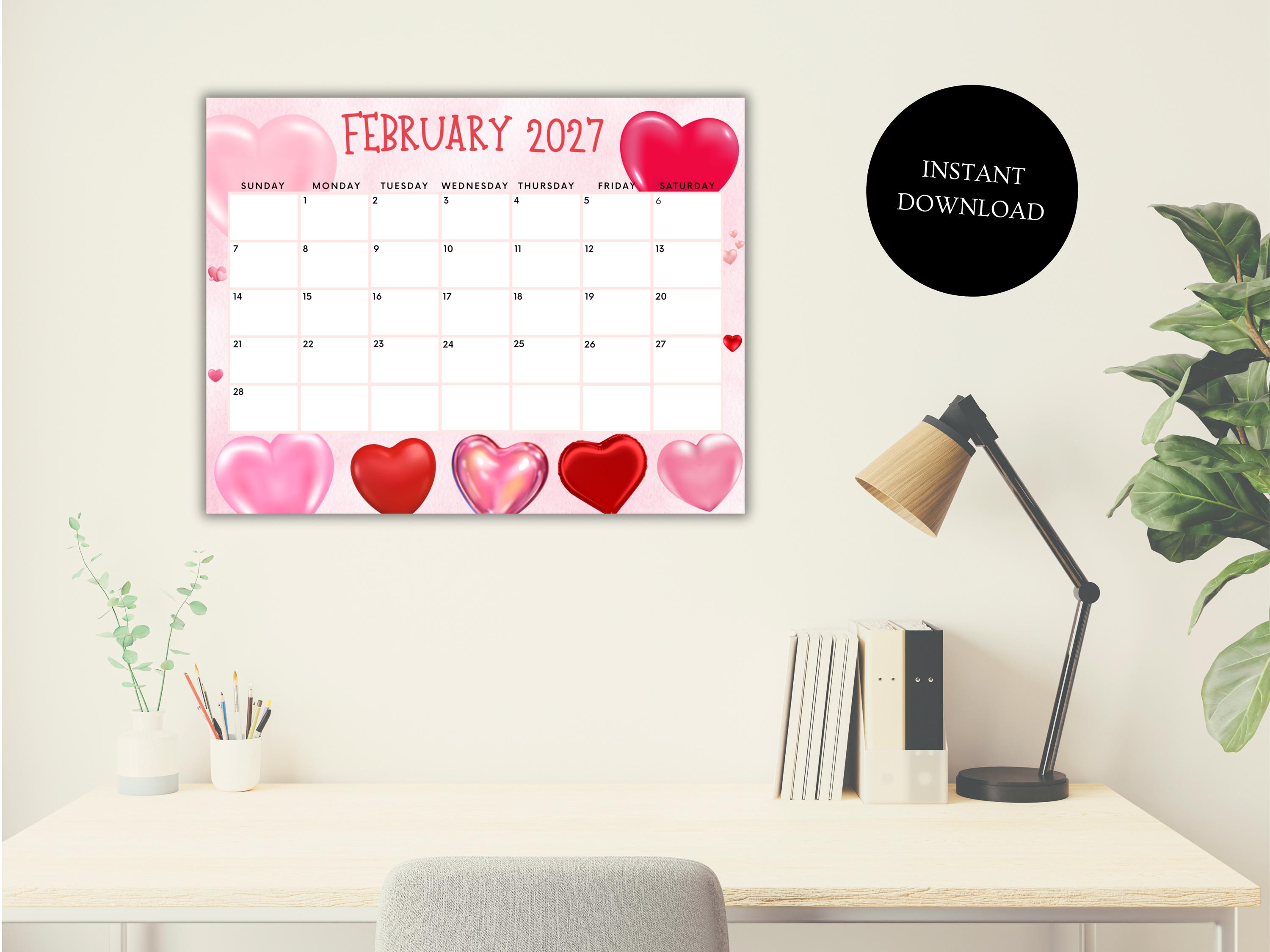 Editable February 2027 Calendar, Printable Valentine's Day Calendar W ...