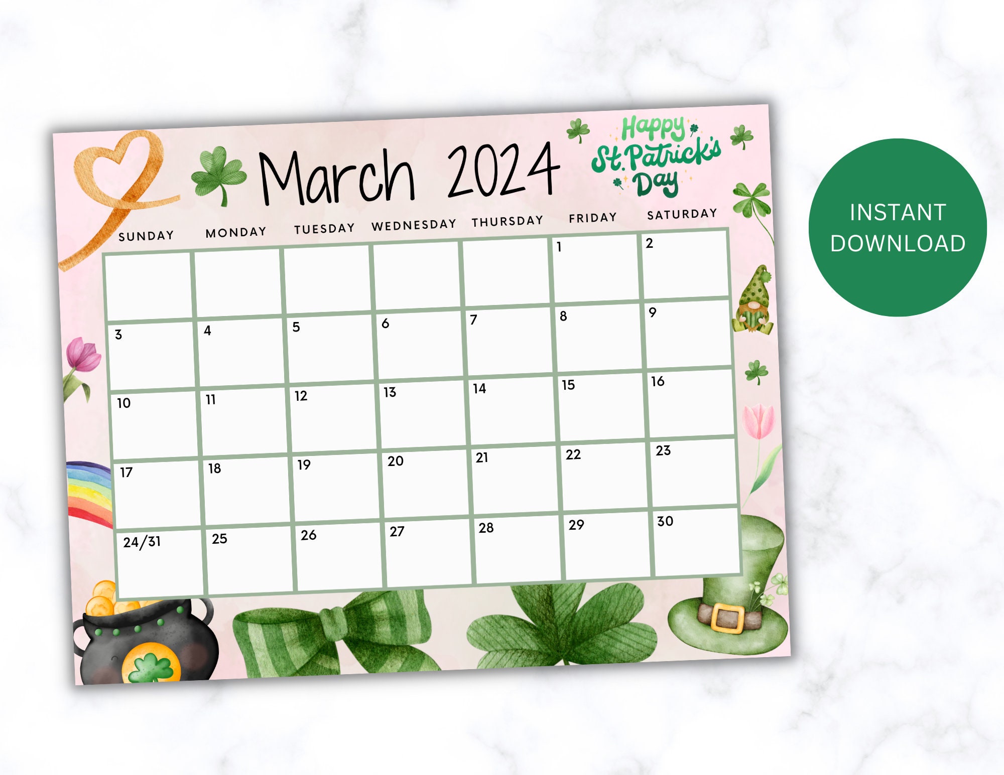 EDITABLE March 2024 Calendar, Printable Wall Calendar 2024, St Patricks ...