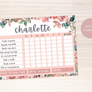 Editable Kids Chore Chart, Girl Reward Chart, Daily Chore Chart W/ Pink ...