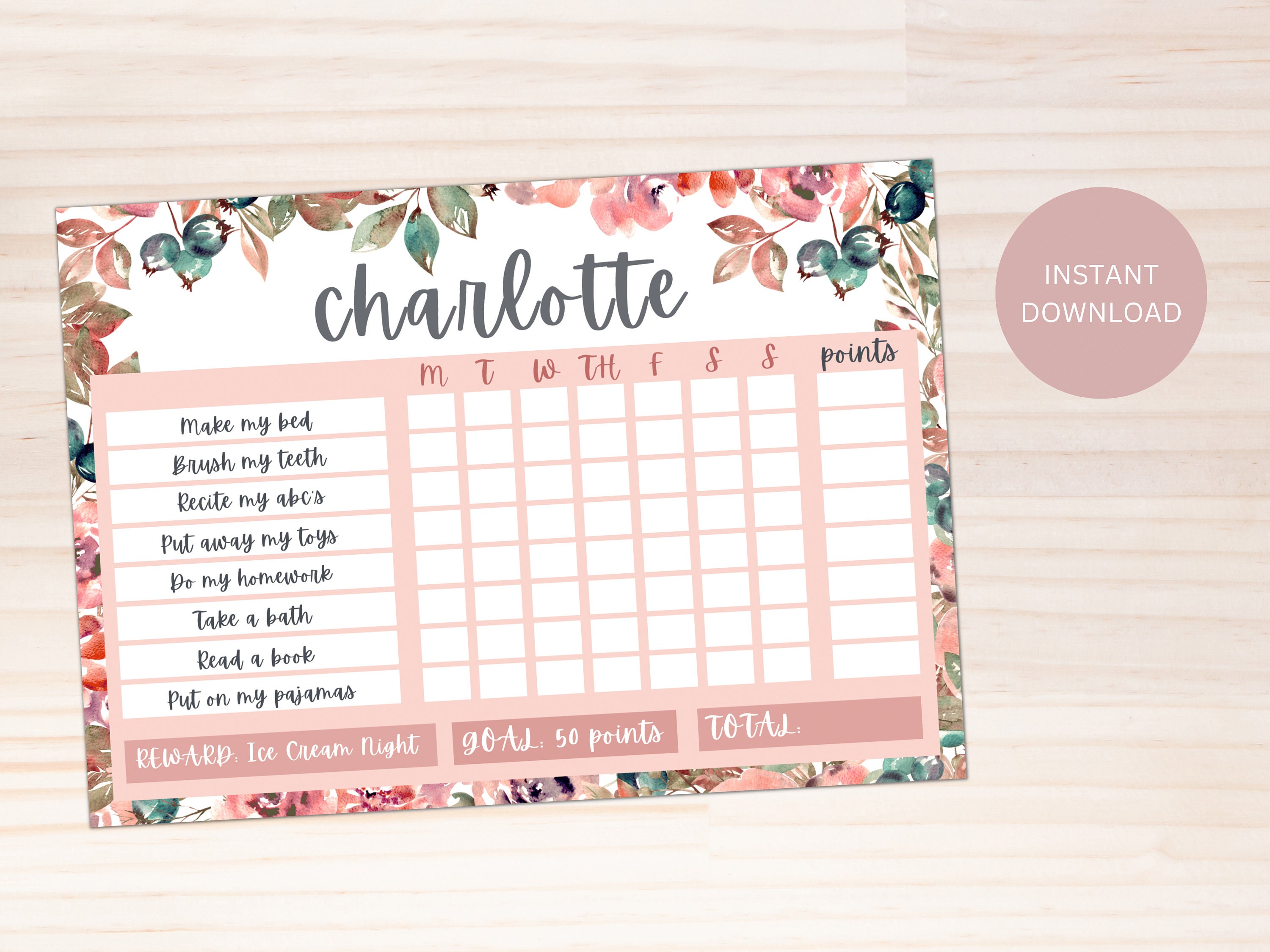 Editable Kids Chore Chart, Girl Reward Chart, Daily Chore Chart W/ Pink ...