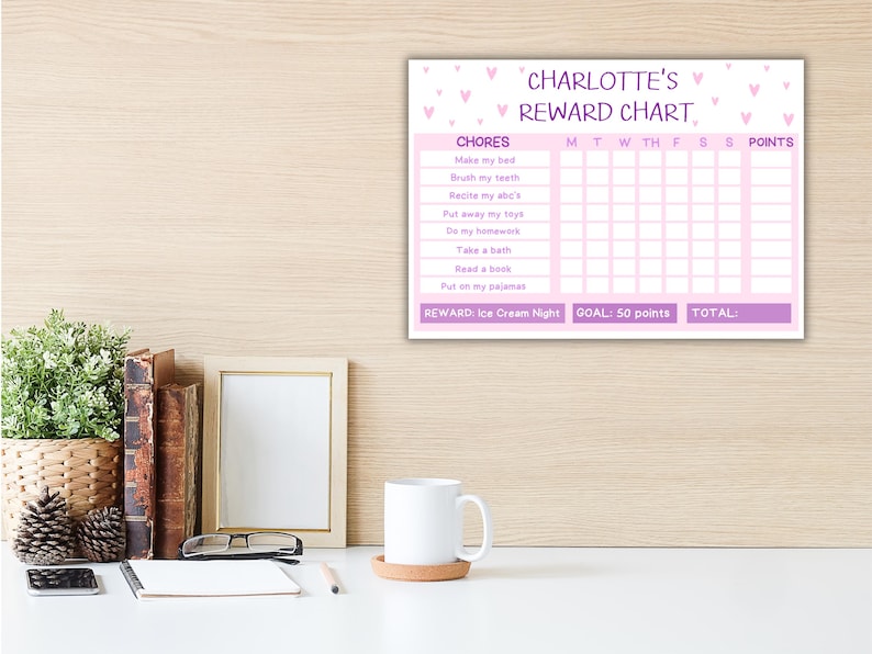 EDITABLE Pink Hearts Chore Chart, Girls Reward Weekly Chart W/ Purple ...
