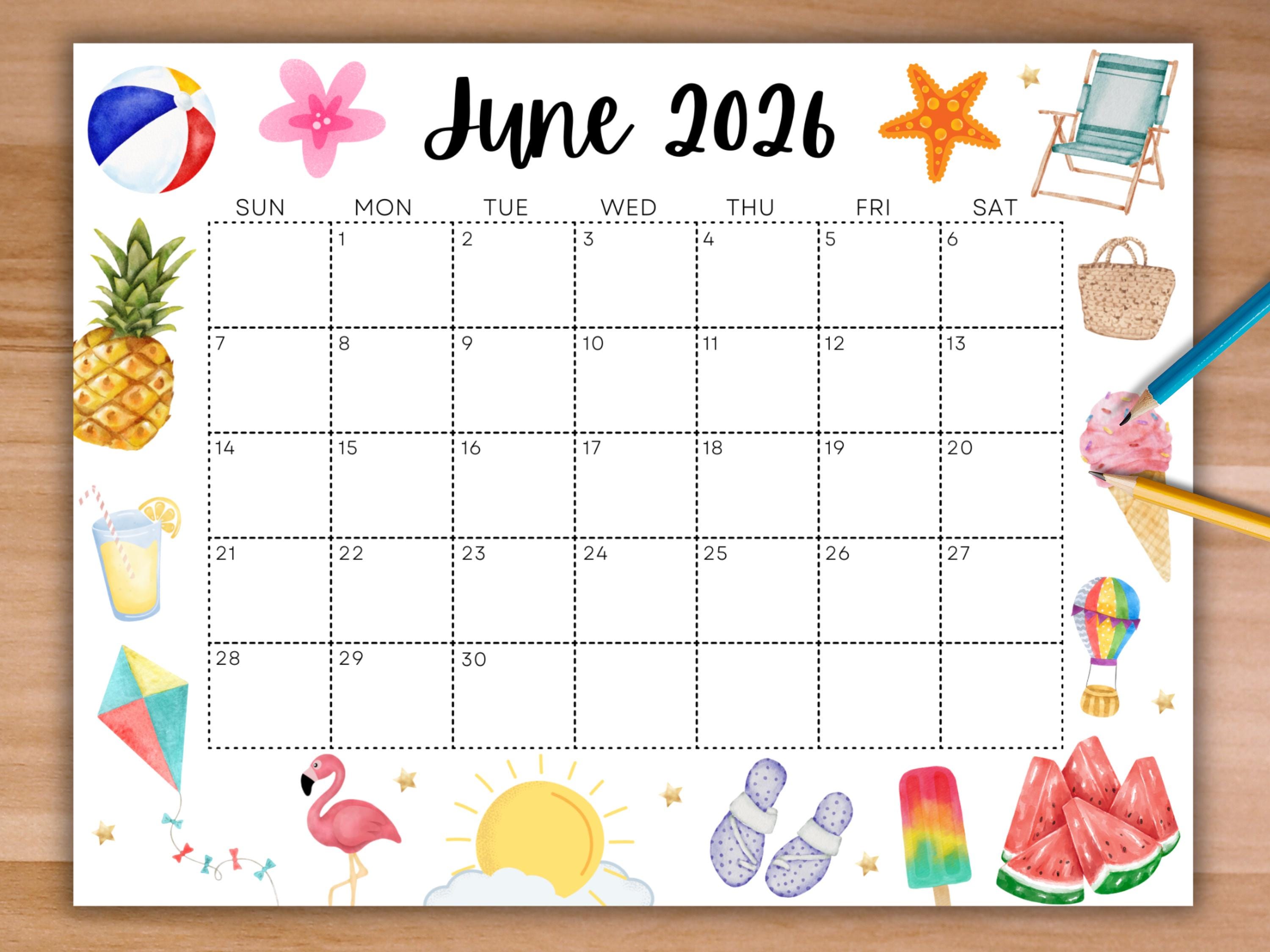 EDITABLE June 2026 Calendar, Printable Summer Calendar W/ Beach Ball ...