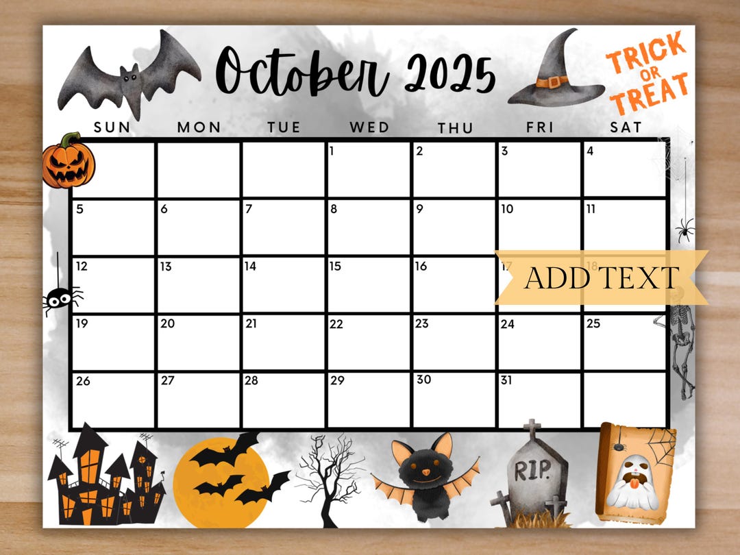 Editable October 2025 Calendar, Printable Spooky Halloween Calendar W ...