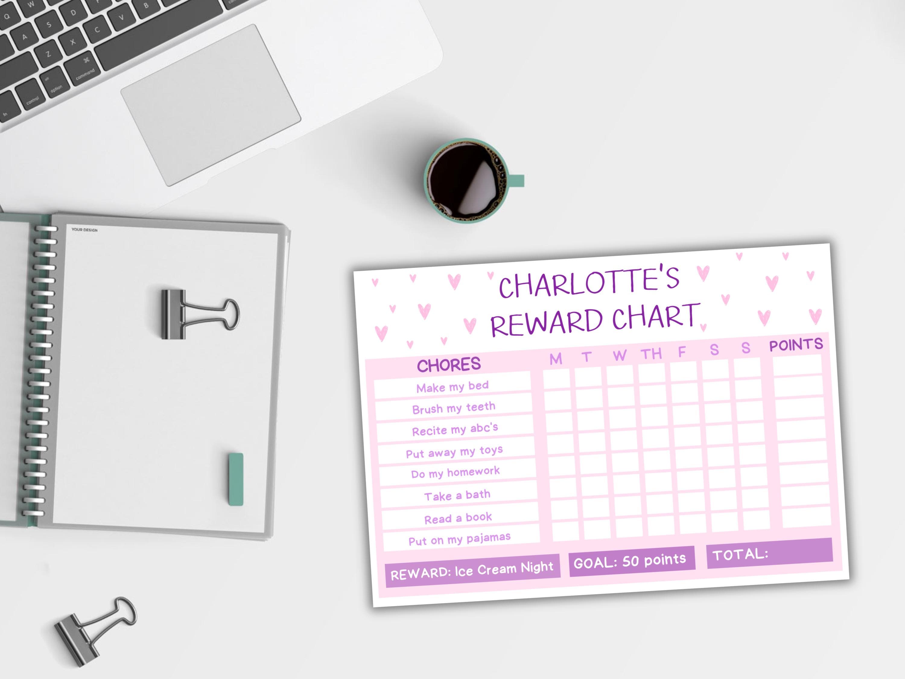 EDITABLE Pink Hearts Chore Chart, Girls Reward Weekly Chart W/ Purple ...