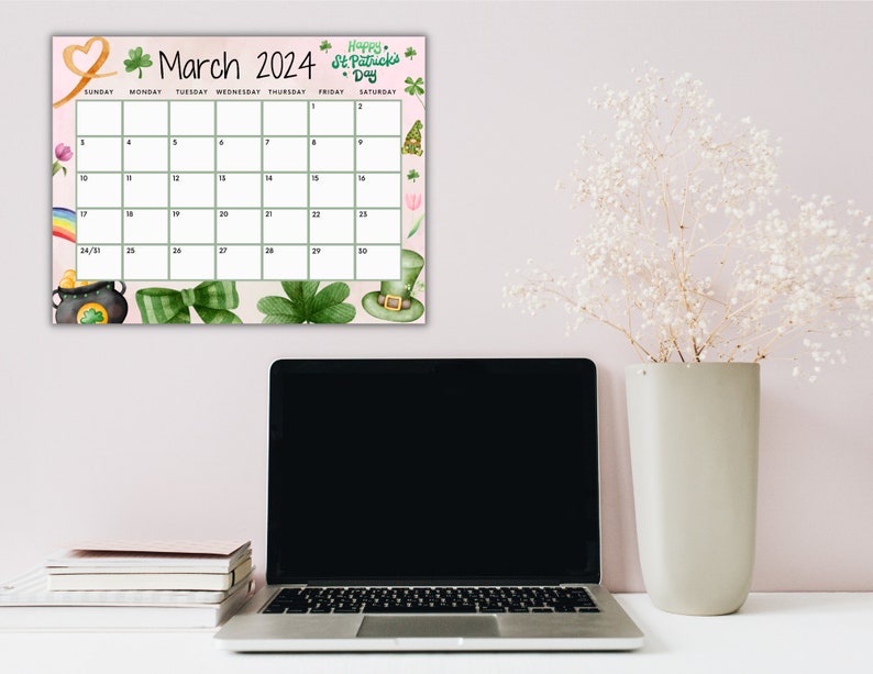EDITABLE March 2024 Calendar, Printable Wall Calendar 2024, St Patricks ...