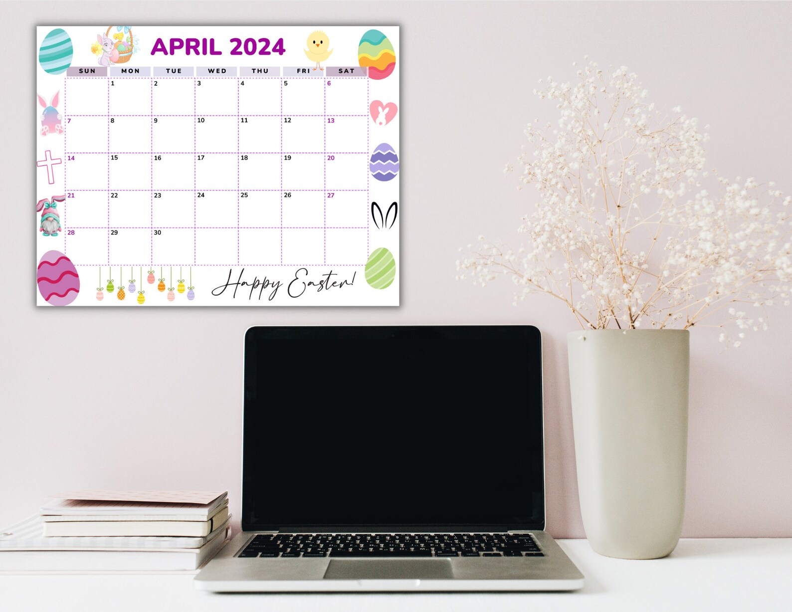 EDITABLE Purple April 2024 Calendar, Printable Happy Easter Calendar ...