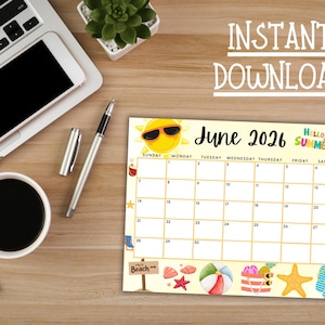 Printable June 2026 Calendar, Editable Calendar W/ Yellow Summer Sun at ...