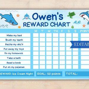EDITABLE Boys Shark Reward Chart, Ocean Animals Chore Chart, Cute ...