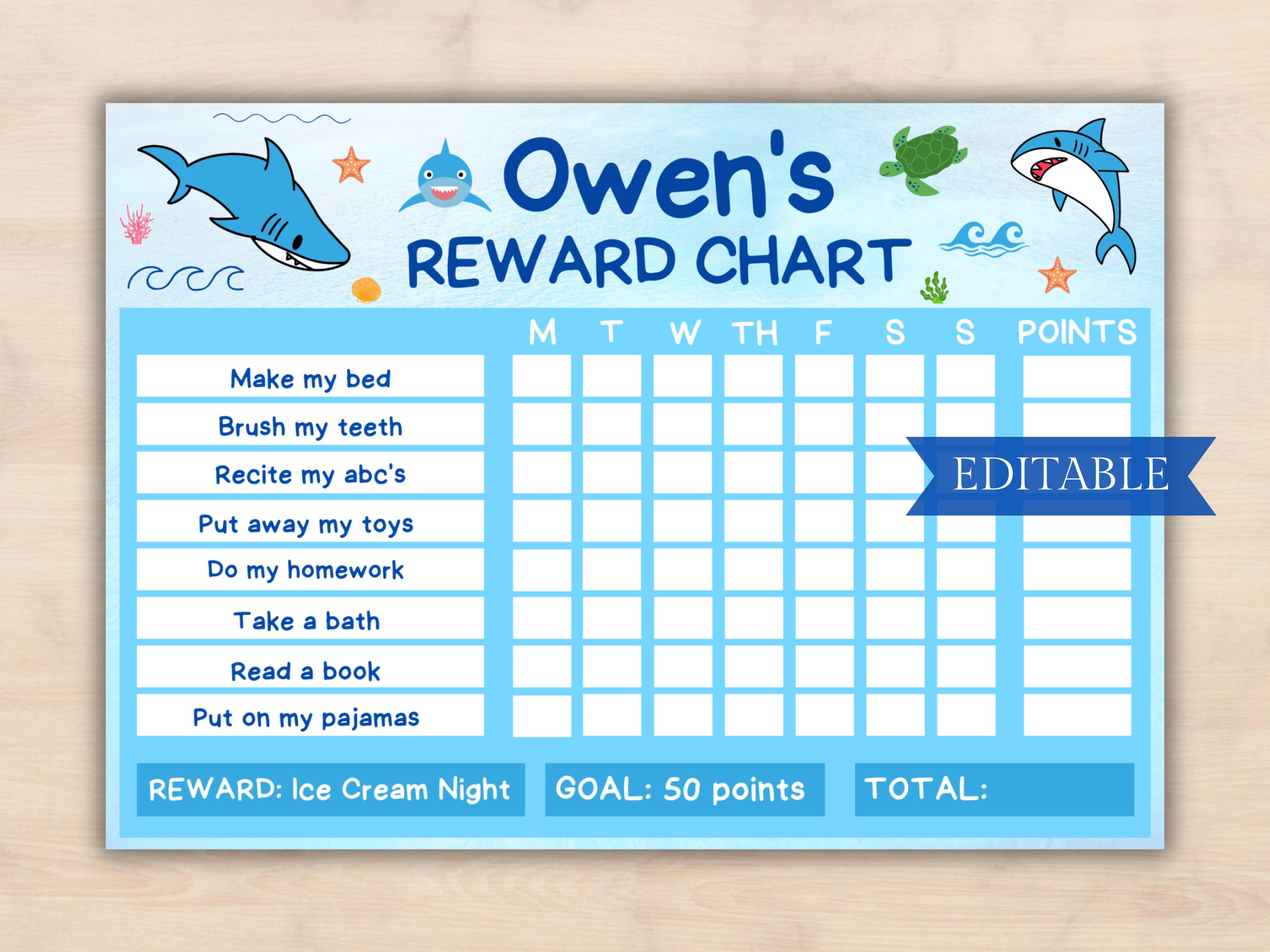 EDITABLE Boys Shark Reward Chart, Ocean Animals Chore Chart, Cute ...