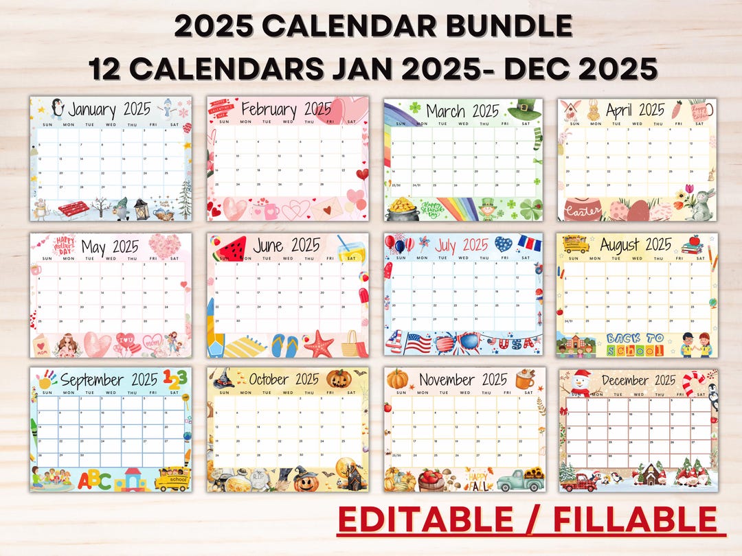 Editable 2025 Calendar Bundle- Printable January Calendar 2025- Holiday ...
