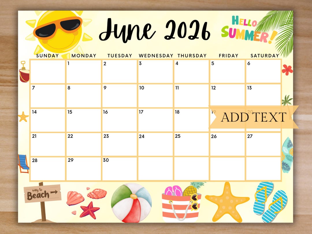 Printable June 2026 Calendar, Editable Calendar W/ Yellow Summer Sun at ...