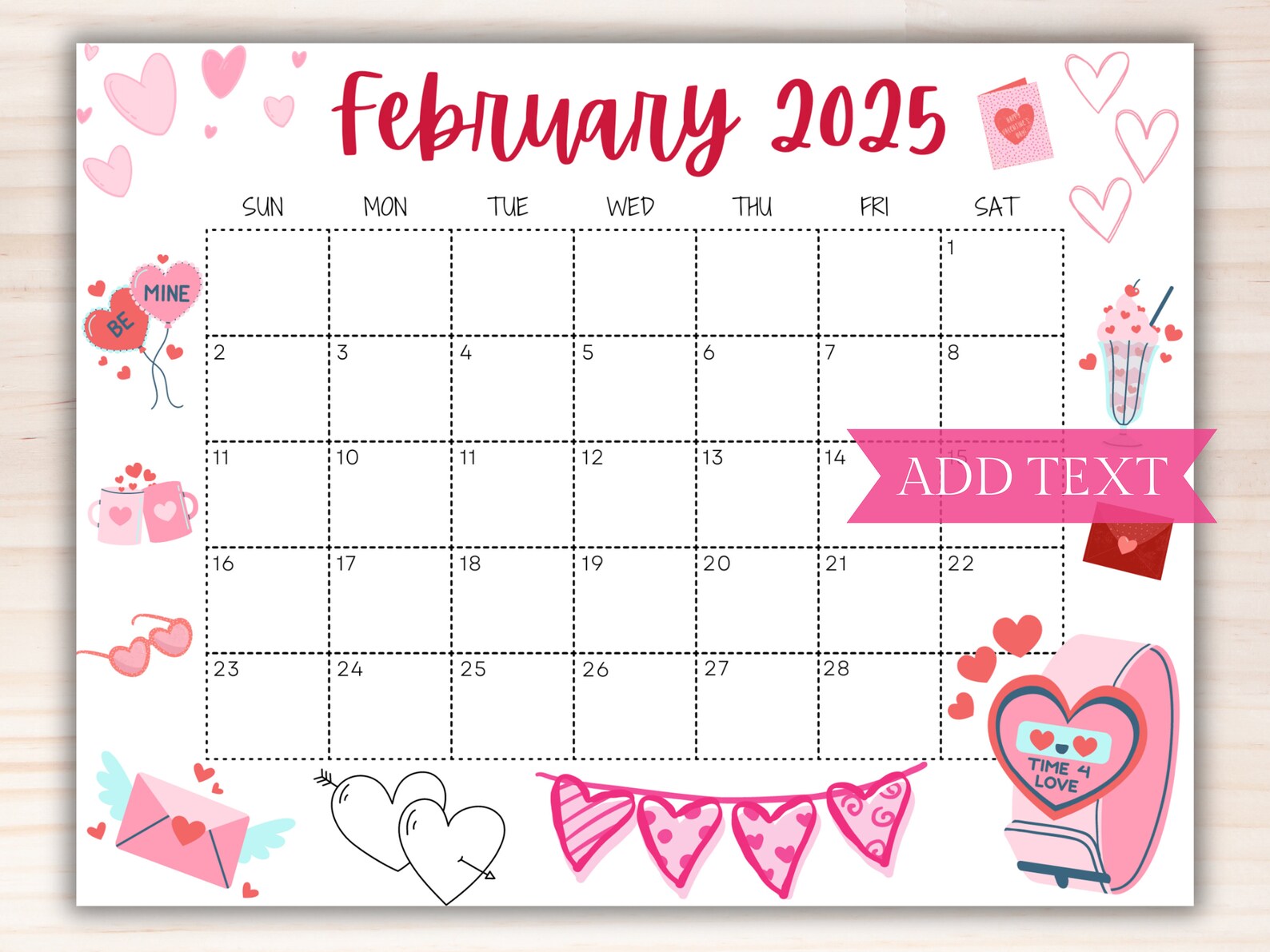 Editable February Calendar 2025, Printable Wall Calendar 2025, Cute ...