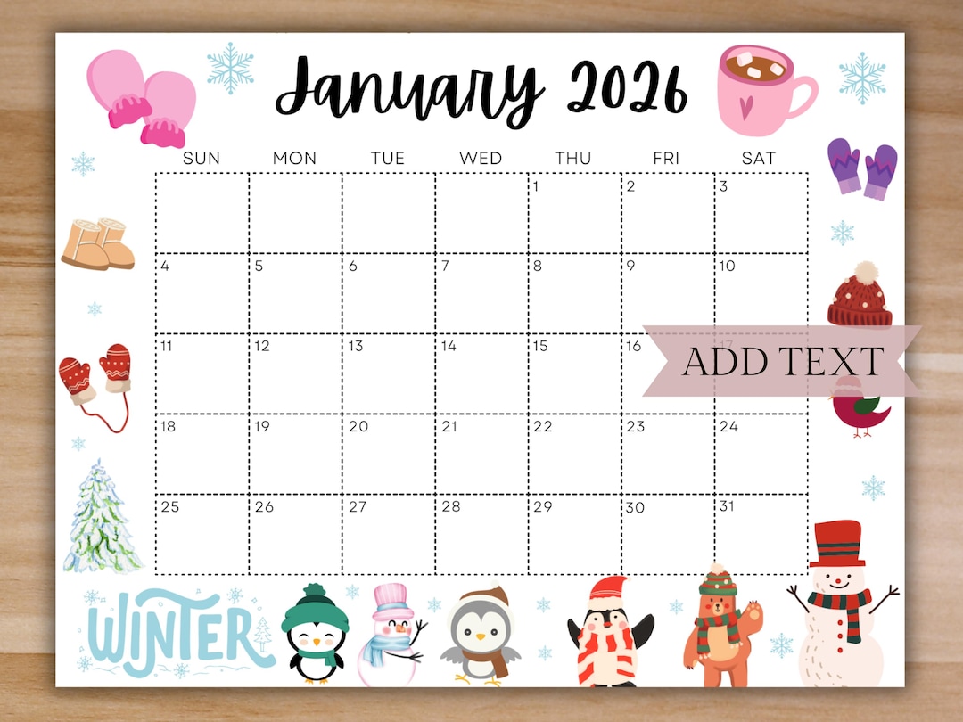 Editable January 2026 Calendar, Printable Calendar W/ Cute Winter ...