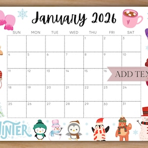 Editable January 2026 Calendar, Printable Calendar W/ Cute Winter ...