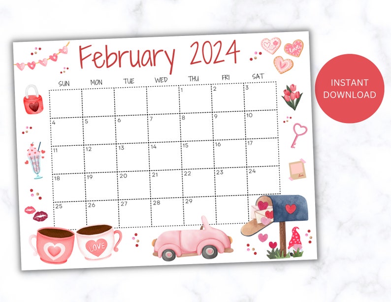 Editable February 2024 Calendar, Printable Cute Calendar 2024, W ...
