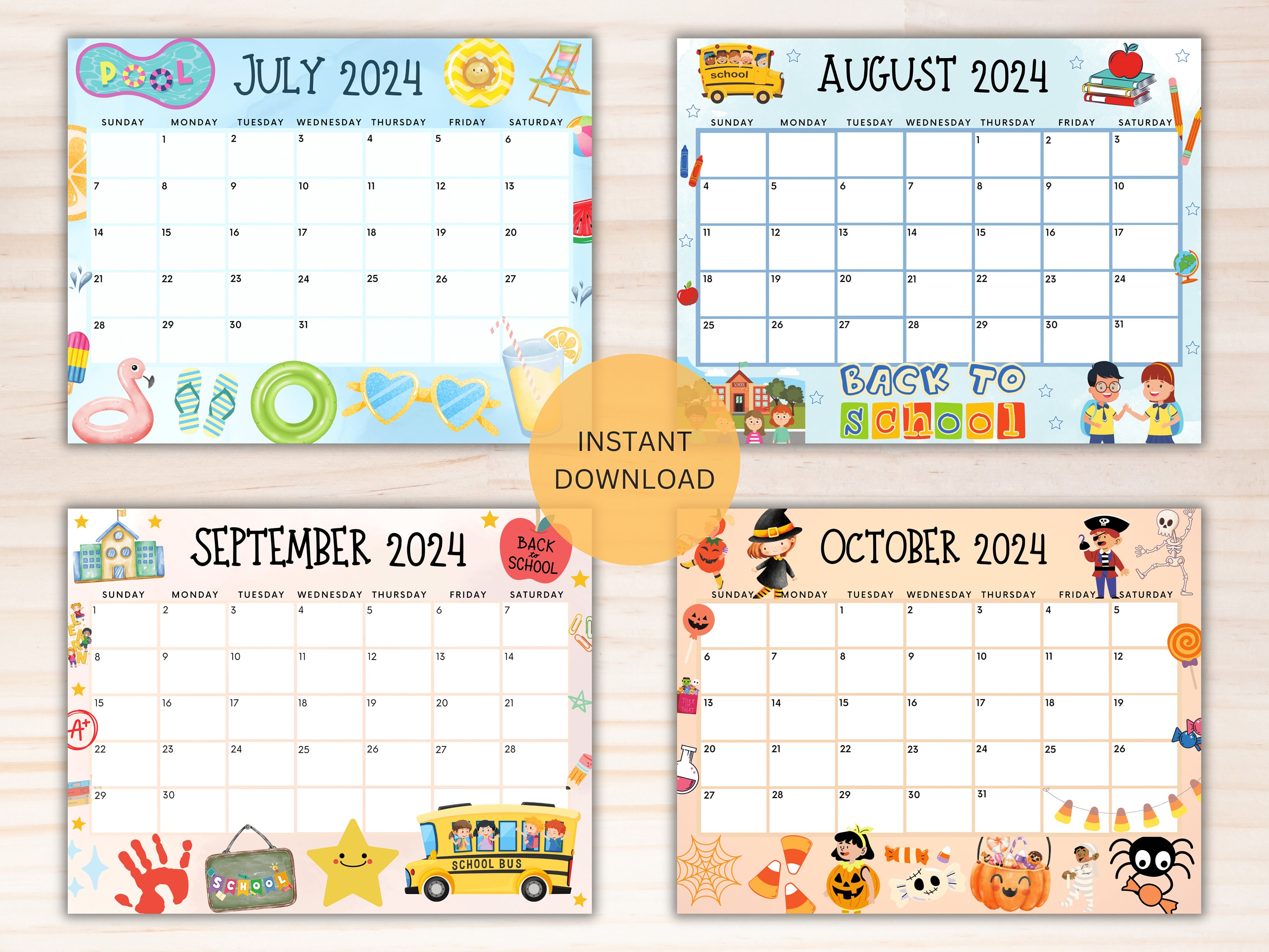 Editable School Calendar 2024-2025 from July to June Printable Kids ...