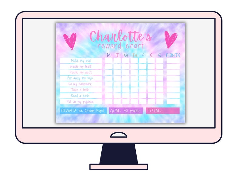 Editable Kids Chore Chart Tie Dye Colors, Kids Tie Dye Reward Chart ...