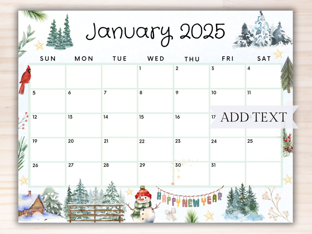 Editable January 2025 Calendar, Printable Calendar W/ Cute Winter Happy ...