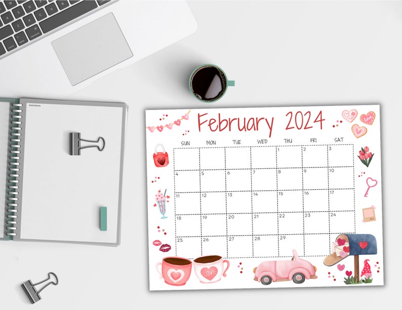 Editable February 2024 Calendar, Printable Cute Calendar 2024, W ...